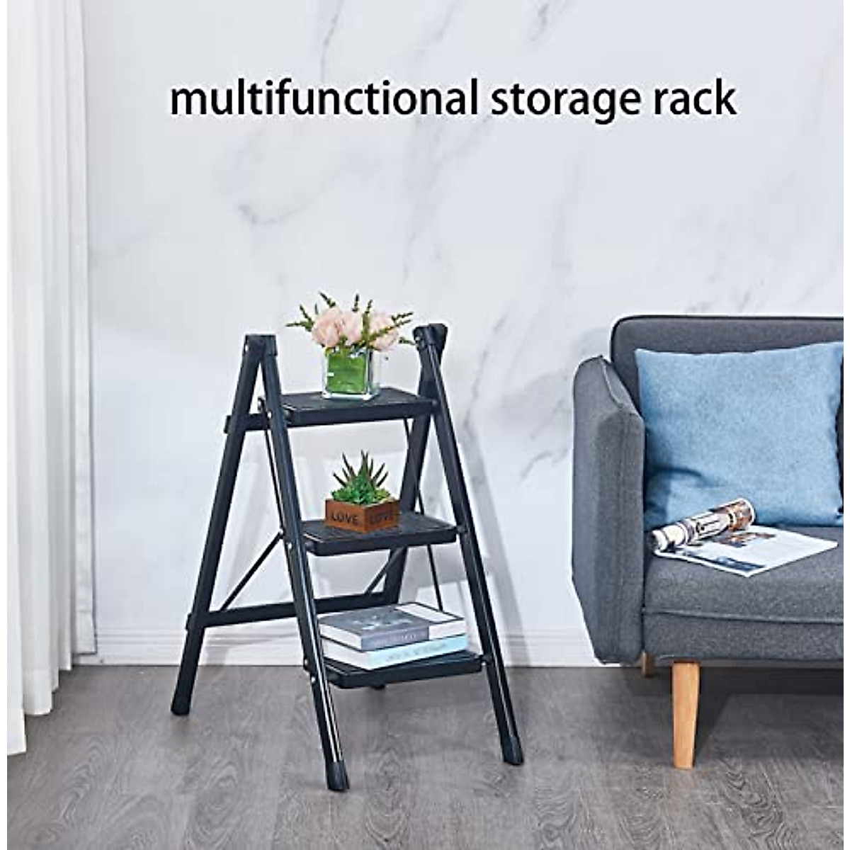 LUCEAE Step Stool3Step Steel Ladder Folding Step Stool,Sturdy and Durable Extra Wide Treads with Non-Slip Rubber Sleeve,Portable and Lightweight Home/Kitchen/Closet/Bedroom/Office Wide Platform Steps