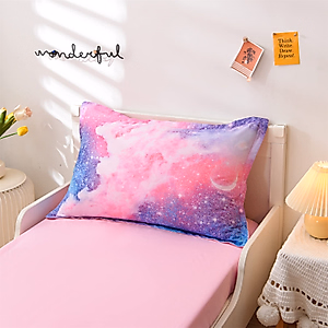 A Nice Night Galaxy Space Planet with Star Glitter Toddler Bedding Set,Includes Comforter, Flat Sheet, Fitted Sheet and Pillowcase,Pink