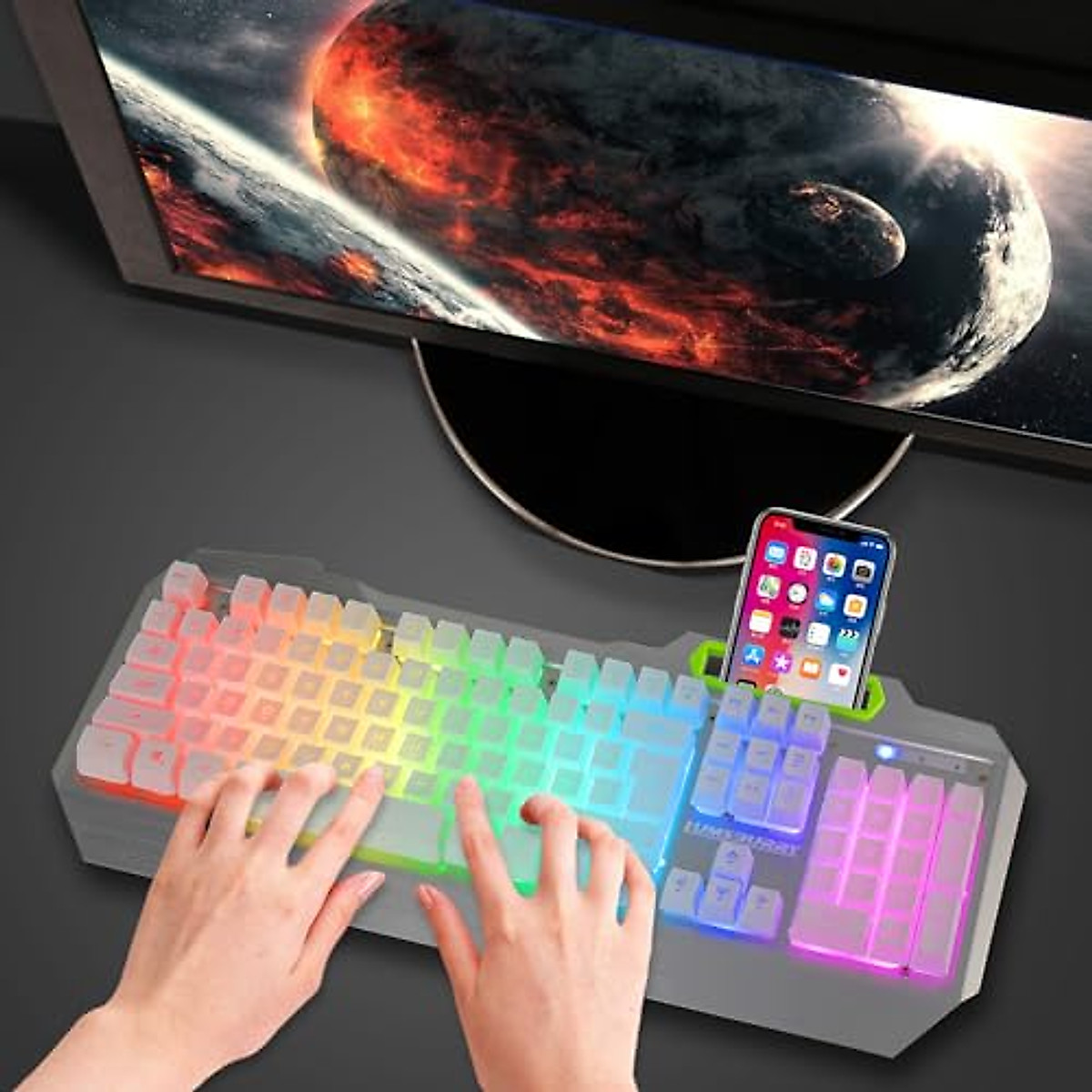 Lumsburry RGB LED Backlit Gaming Keyboard with Anti-ghosting, Light up Keys Multimedia Control, USB Wired 104 Keys Metal Keyboard for PC Games Office (Silver&White)