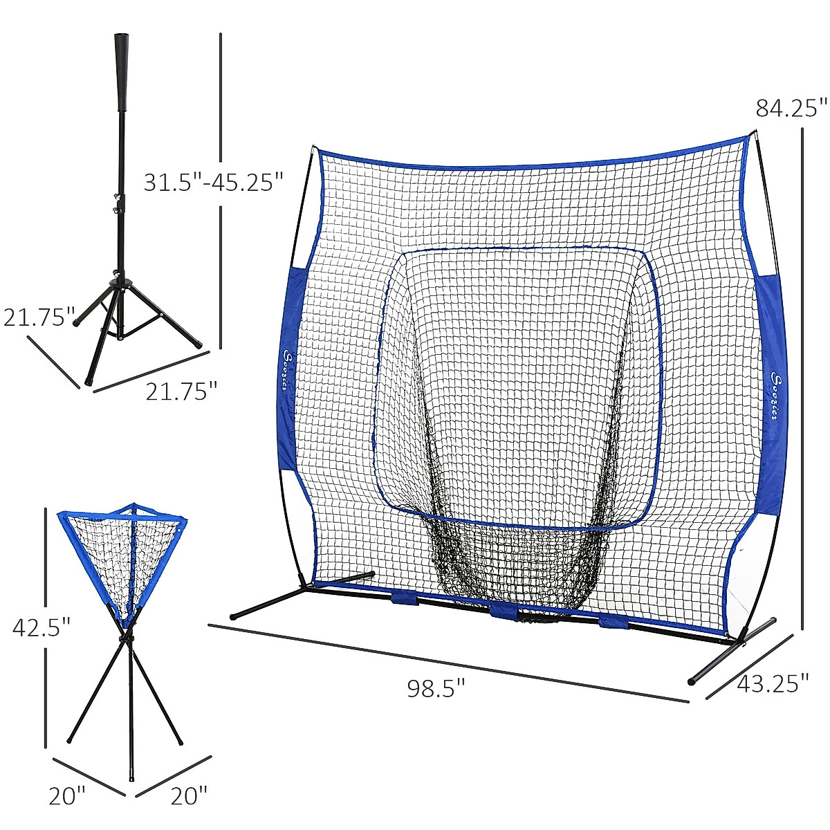 Soozier Baseball Practice Net Set with 7.5x7ft Catcher Net, Ball Caddy, Portable Baseball Practice Equipment with for Hitting, Pitching, Batting, Catching, Blue