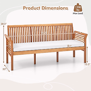Tangkula Patio 3-Seat Wood Bench, 62.5 Inches Long Acacia Bench with Soft Seat Cushions, Ergonomic Backrest & Armrests, Outdoor Bench Seat for Balcony, Porch, Garden (Off White)