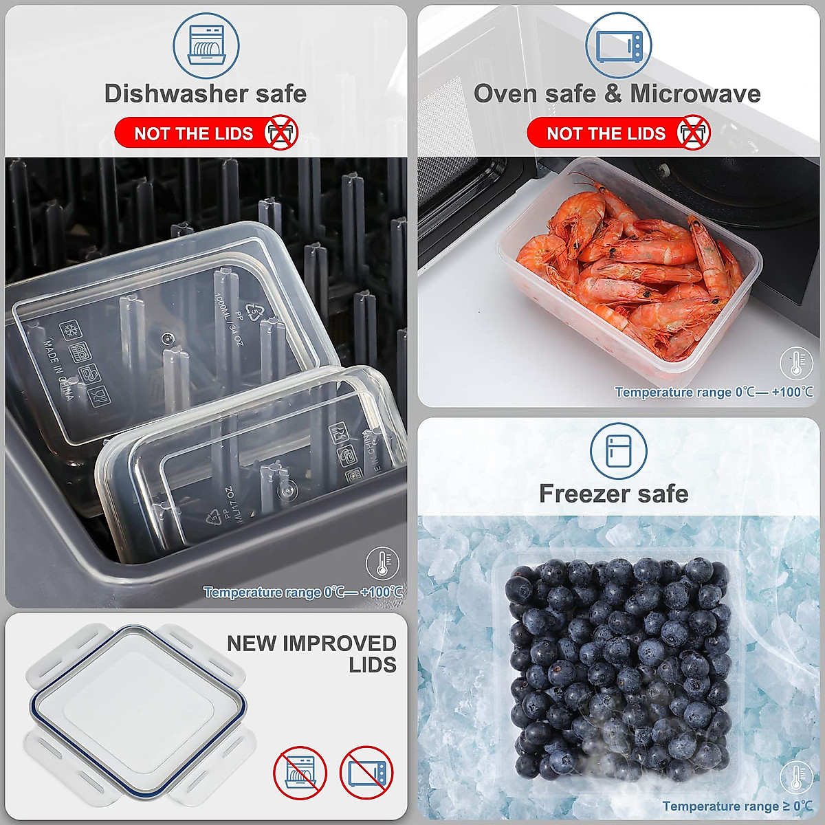 KITHELP Large Food Storage Containers Set - Pack of 16 (8 Containers & 8 Lids) 15-85 Oz Plastic Food Containers with Lids - Leak Proof & BPA-Free & Microwave, Dishwasher Safe for Kitchen Storage