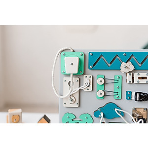 Sensory and Activity Busy Board for Toddlers - Made in Ukraine BD Gift for Boy and Girl, Baby, Kids, Children - Learning, Education, Travel (Gray Blue Mint) Wooden