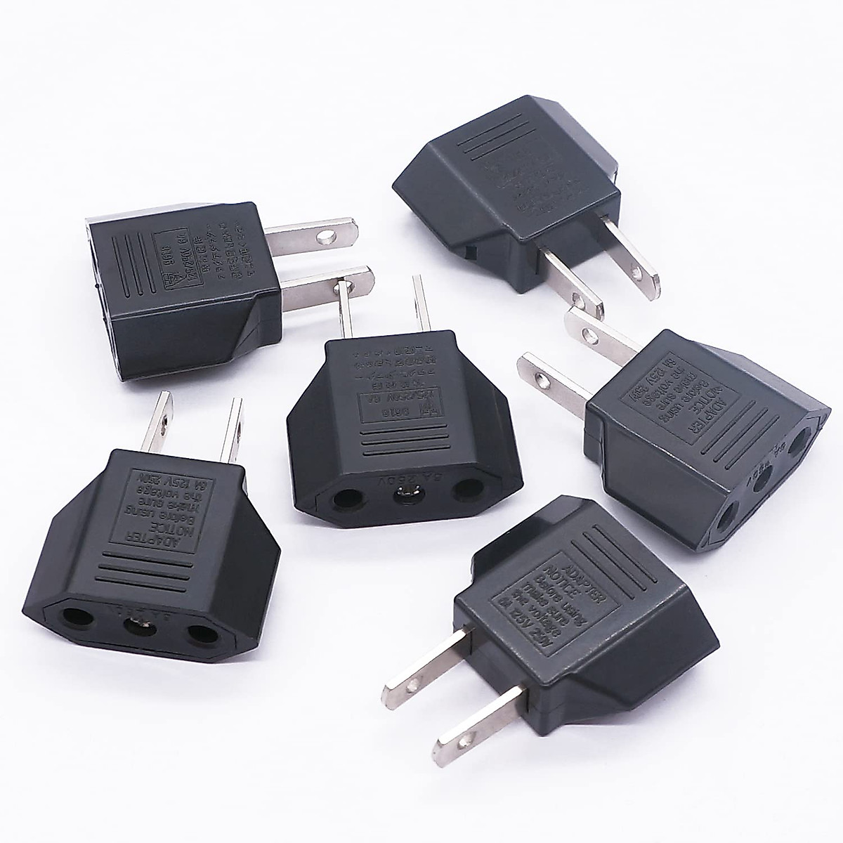 TWTADE 6pcs EU to US Plug Adapter Europe to USA Travel Small Power Plug 6A 125V/250V Adapter Converter (Black) I-021
