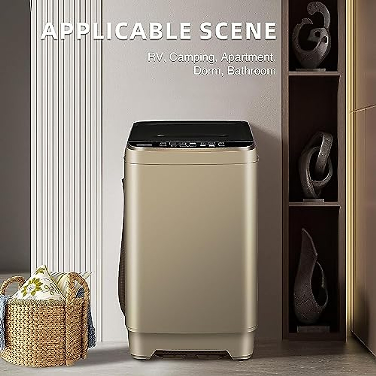 Full Automatic Washing Machine with LED Display, 10 Programs & 8 Water Levels Selections, 15.6Lbs for Home, RV, Camping, Apartment, Dorm - Gold