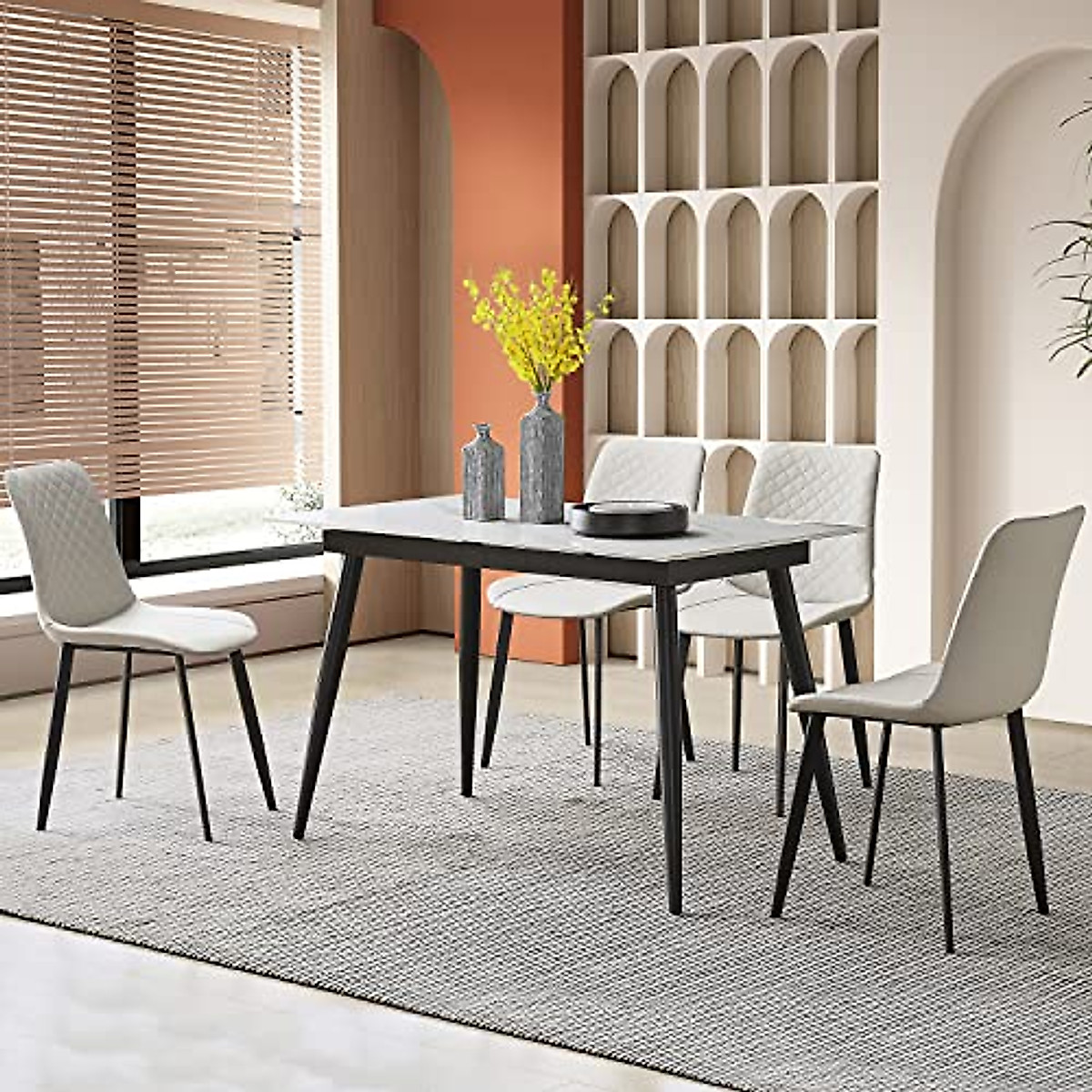 seonyou Dining Table Slate Stone with Sturdy Black Metal Base, White Mid Century Modern Dining Table Kitchen Tables for Small Spaces Rectangular Dining Room Table Restaurant（47“L）