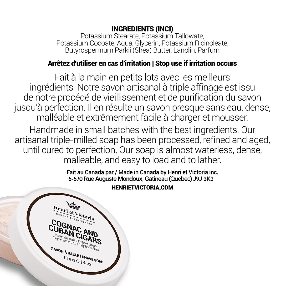 Henri et Victoria Shaving Soap For Men | Cognac and Cuban Cigars Fragrance | Smooth Shave, Lathers Up Nicely, Long-Lasting Scent | Triple Milled Soap, Canadian Made by Skilled Artisan 114 g (4 oz)
