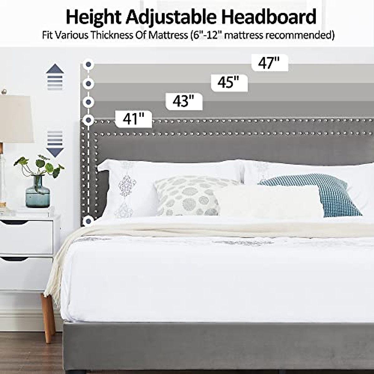 VECELO Full Size Platform Bed Frame with Height Adjustable Upholstered Headboard, Modern Mattress Foundation,Strong Wood Slat Support, No Box Spring Needed, Easy Assembly