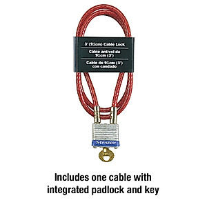 Master Lock 719D Steel Cable with Integrated Outdoor Padlock with Key, 1 Pack, Silver, 3' Long x 3/16' Diameter