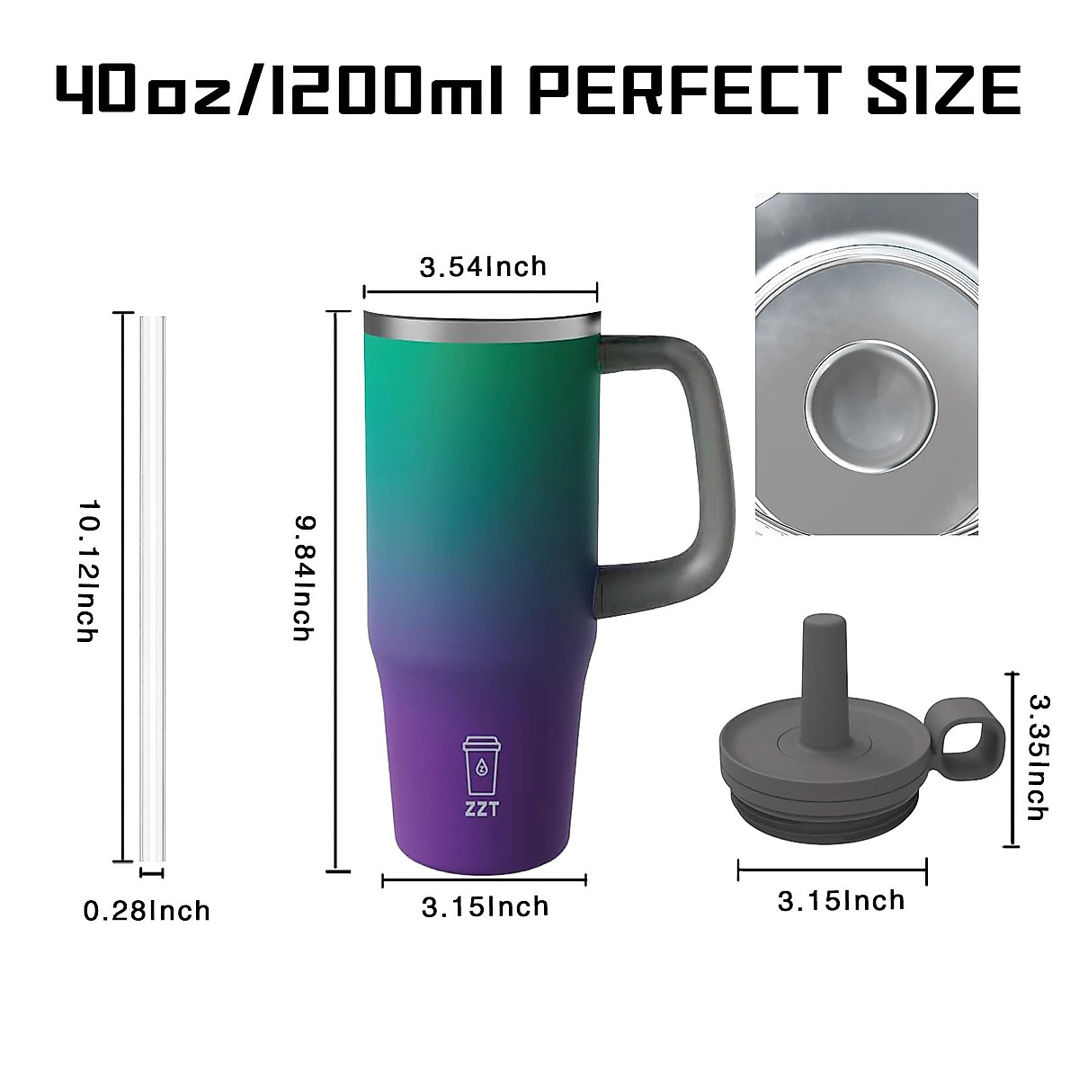 ZZT 40 oz Tumbler with Handle and Straw Lid,Leak Proof Metal Sports Water Bottle Jug,Stainless Steel Insulated Travel Coffee Mug-Fits in Cup Holder-Gifts for Women & Men(Green Purple)