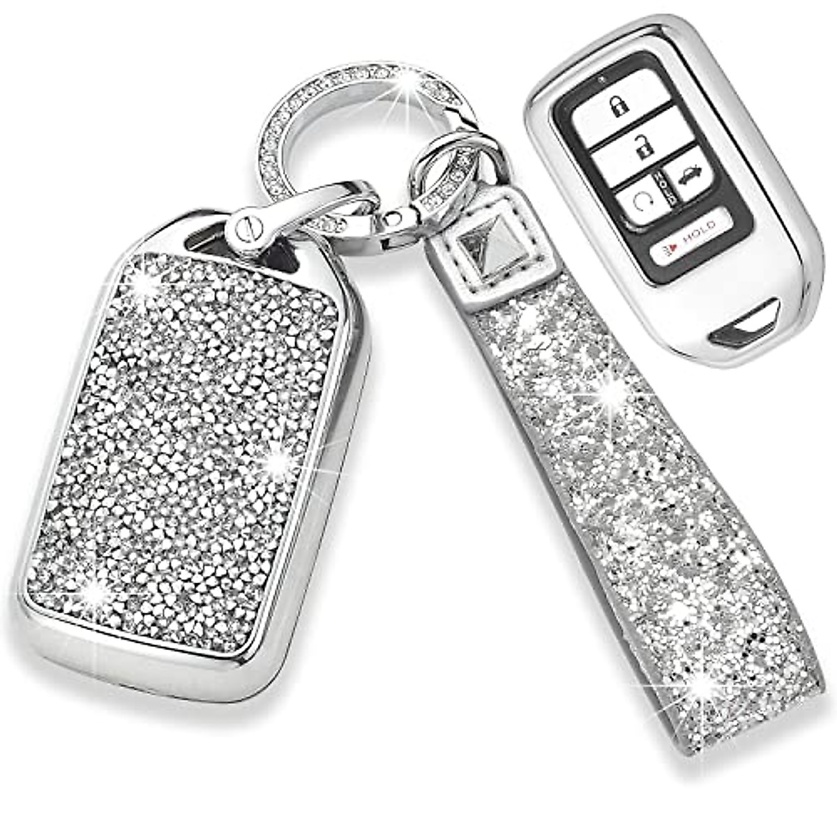 Royalfox upgrated 3 4 5 6 7 Buttons 3D Bling Diamond Crystals Smart Remote Key Fob case Cover for Honda Jade HR-V CR-V Accord Crider Vezel Civic Spirior Elysion Fit City Crosstour Keychain (Silver)