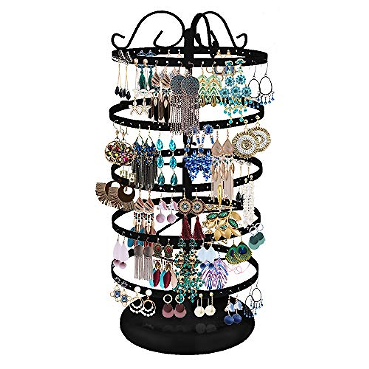 MODOWEY 5 Tiers Metal Rotating Earring Holder Organizer, Exquisite Jewelry Display Stand Necklace Rack Holder, 220 Holes for Earrings- 14x6.3 Inch (Black)