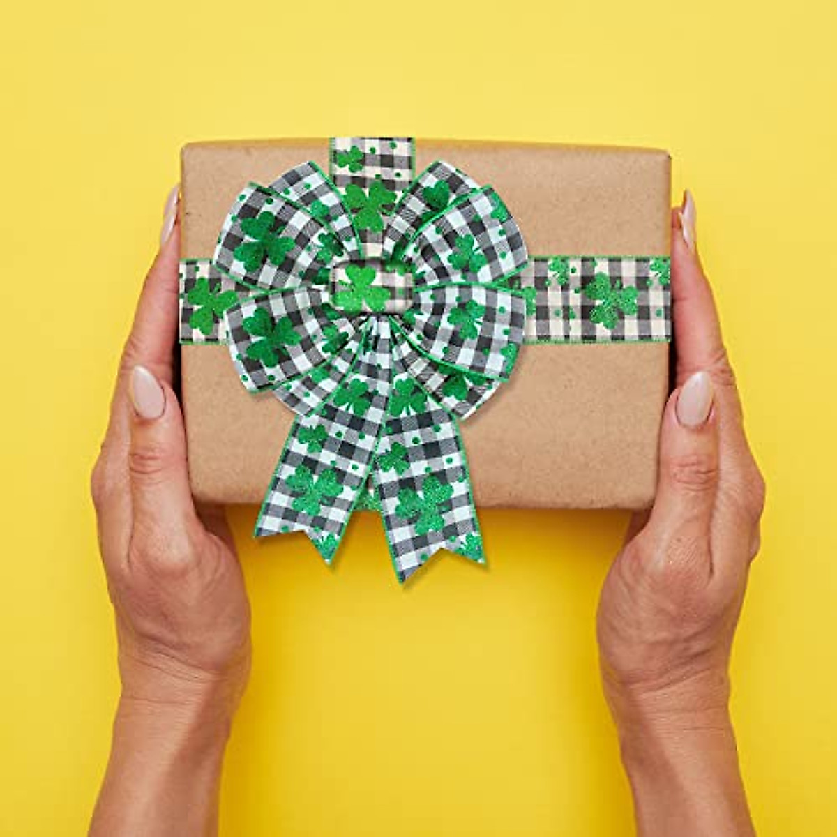 Happy St. Patrick's Day Glitter Lucky Shamrock Checkered Plaid Wired Edge Ribbon Green Clover Fabric Ribbon Ornaments for St. Patrick Decorations Gift Wrapping Party Decorative 2.5"x10 Yard