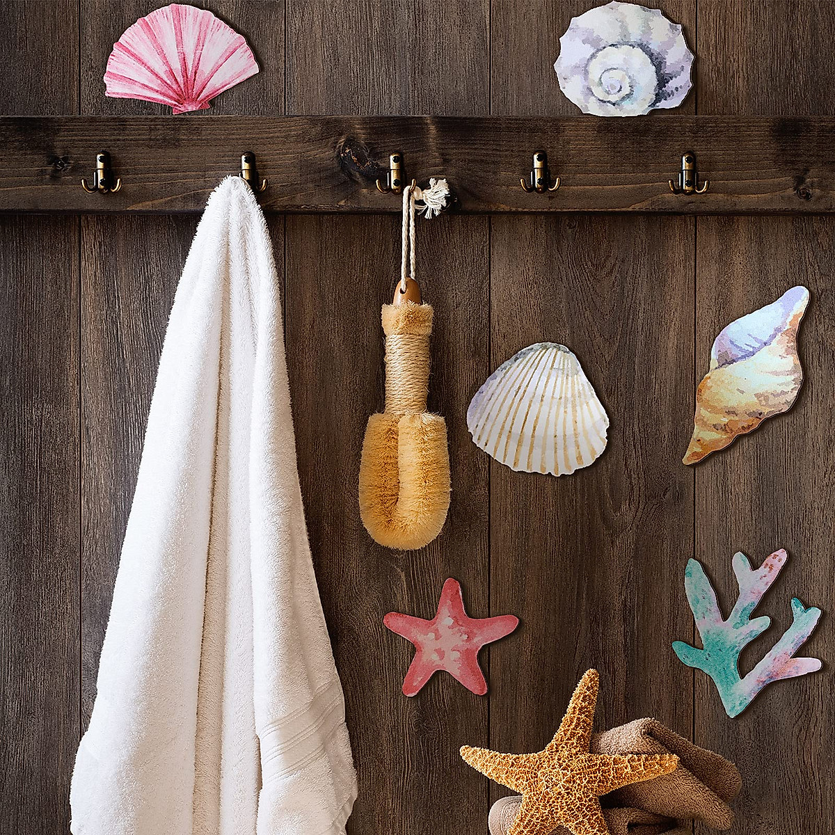 6 Pieces Beach Wall Decor Seashell Bathroom Decor Seashell Decor Ocean Seashell Starfish Wall Decor Beach Coastal Wooden Shells Starfish Beach Decorations for Home Bedroom Living Room Garden Nursery
