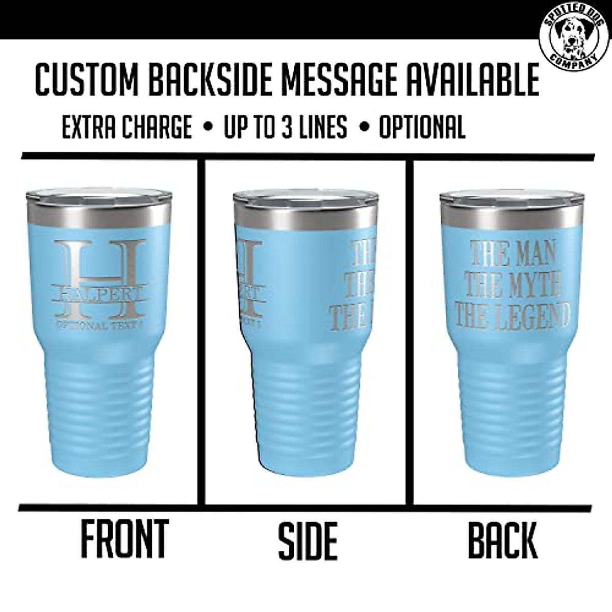 Personalized 30oz (17 Colors) Powder Coated Insulated Stainless Steel Tumbler with Lid, Custom Etched, Customized Engraved Gift Idea for Women Men Her Him, Halpert Monogram Initial Name (Light Blue)
