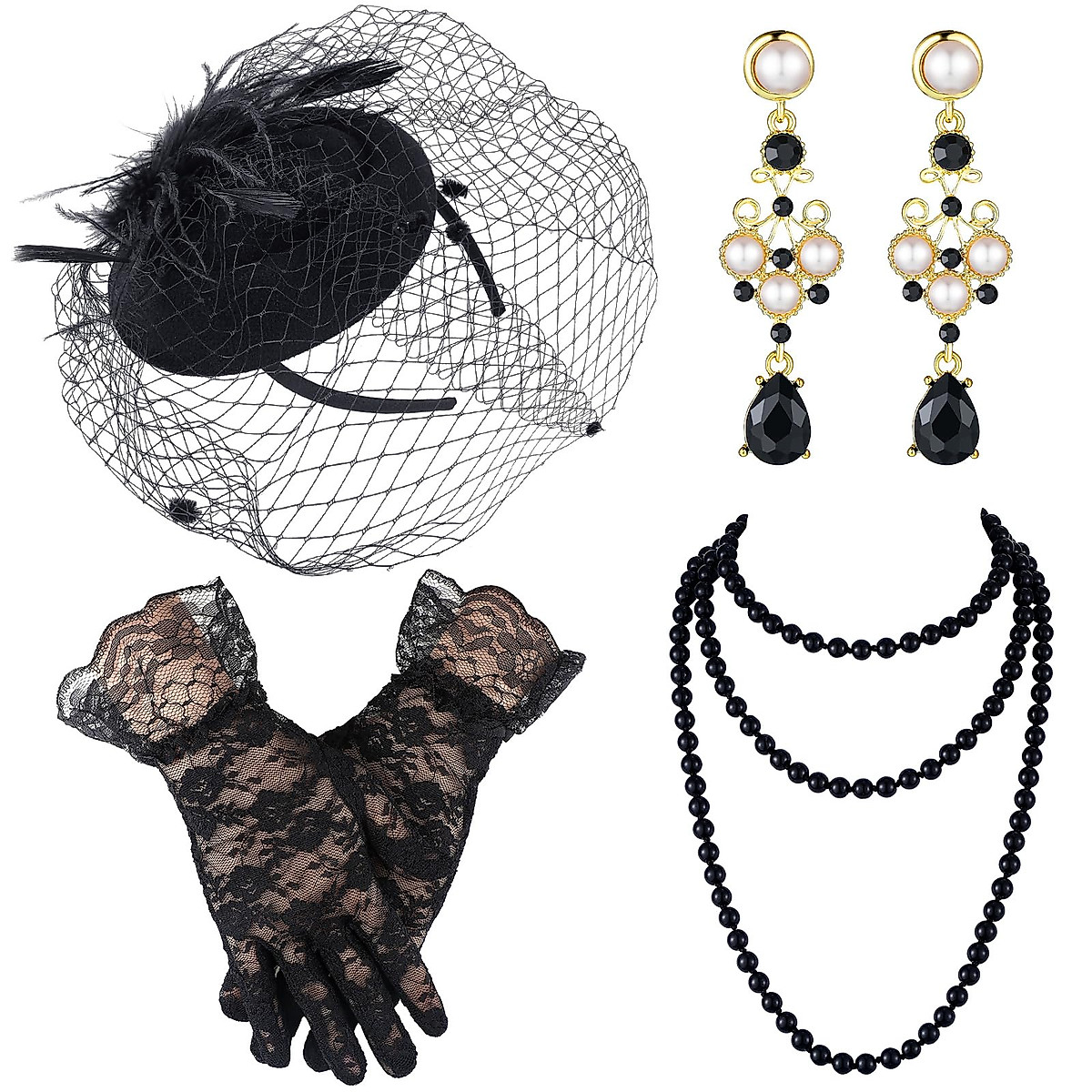 Bencailor Fascinator Hat for Women Funeral Veil Hats Set Include Mesh Hats Lace Gloves Necklace Earring for Tea Party(Floral Style)