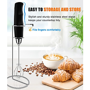 YUSWKO Rechargeable Milk Frother for Coffee with Stand, Handheld Drink Mixer with 3 Heads 3 Speeds Electric Stirrers for Latte, Cappuccino, Hot Chocolate, Egg - Black