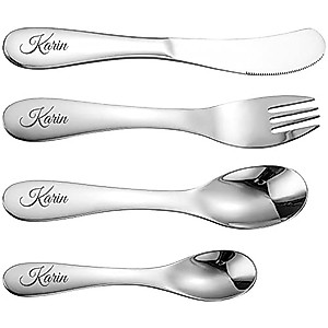 AIPNIS Personalized Kids Silverware 4 Piece Set,Custom Name Engraved Toddlers Tableware Set,Safe Reusable Child Cutlery Flatware Includes Fork Knife Table Spoons for Eating With Gift box