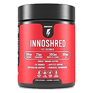 Inno Shred - Day Time Fat Burner | 100mg Capsimax, Grains of Paradise, Organic Caffeine, Green Tea Extract, Appetite Suppressant, Weight Loss Support (60 Veggie Capsules) | (with Stimulant)