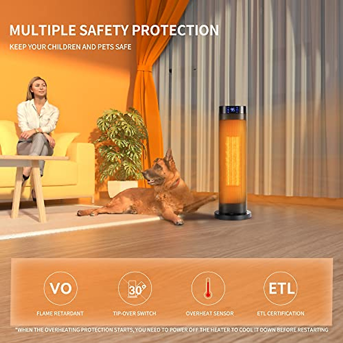 Uthfy Space Heater, 22" Portable Electric Heater with Remote, Thermostat, 12H Timer, Overheating & Tip-Over Protection, Osicllating Ceramic Tower Room Heater for Bedroom, Office, Bathroom, Indoor Use