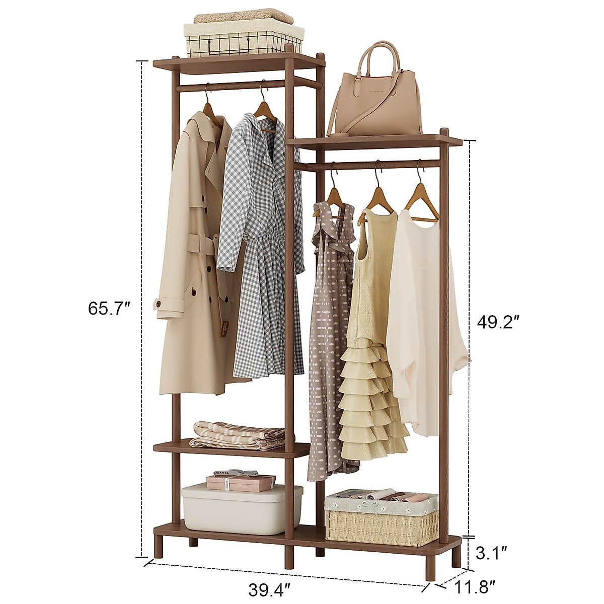 KASLANDI Solid Wood Clothes Rack,Garment Rack for Hanging Clothes,Walnut Clothing Rack with Shelves,Portable Clothes Rack,Double Clothing Rack, Freestanding Clothing Rack for Entryway and Bed Room