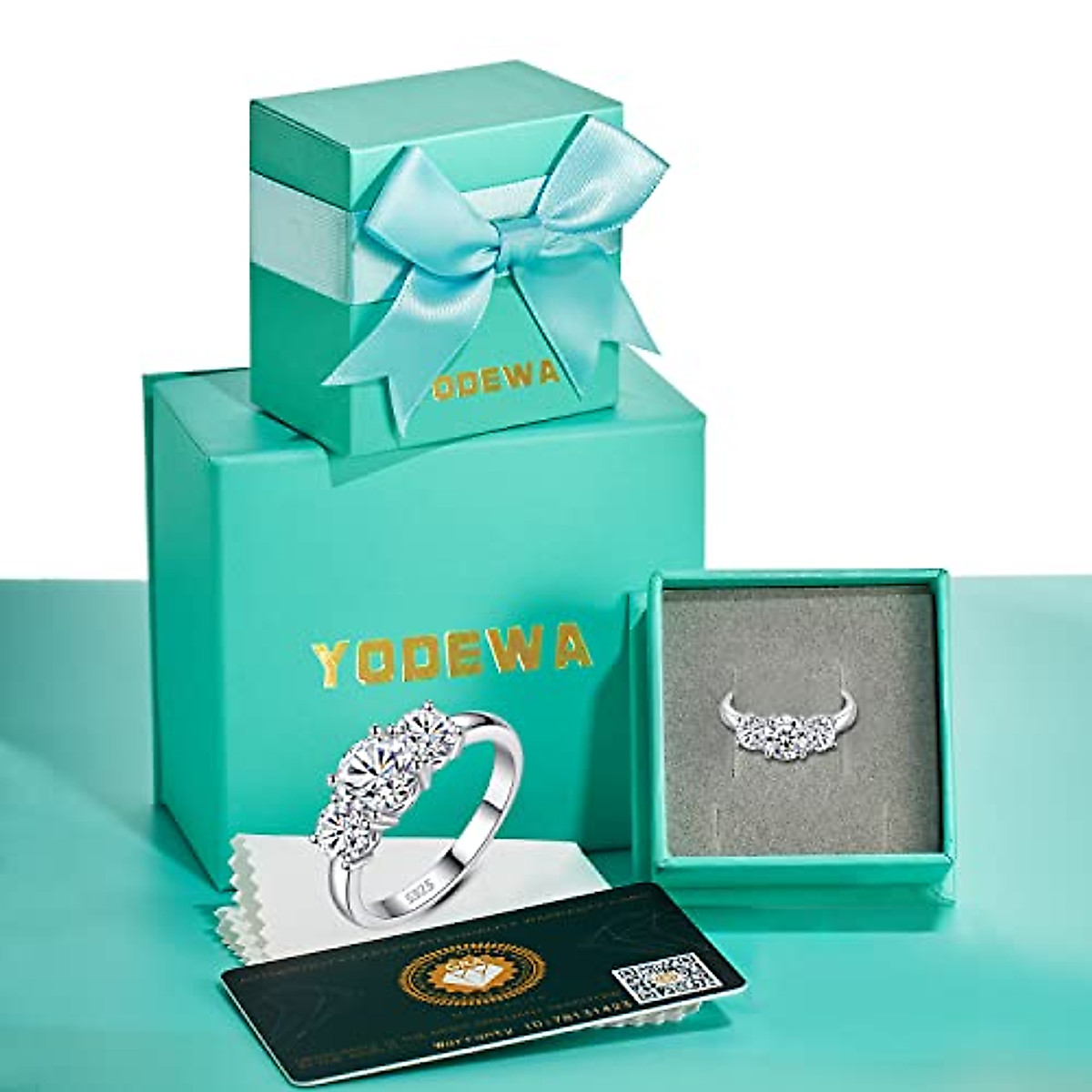 YODEWA 3 Stone Moissanite Engagement Rings 925 Sterling Silver 2ct D Color VVS Lab Created Diamond Round Cut Sparkling Wedding Band for Women Size 7