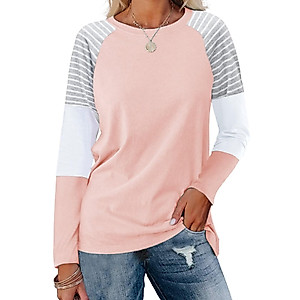 Minetom Women's Color Block Tunic Tops Striped Long Sleeve Shirts Casual Round Neck Pullover B Pink