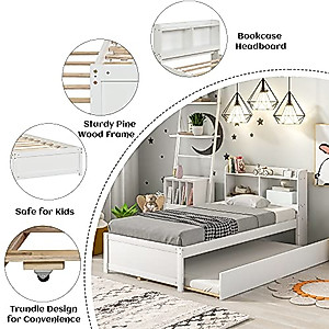 Olela Twin Bed with Trundle Bookshelf, Platform Twin Bed with Trundle with Bookcase Storage for Girls Boys, No Need Box Spring (White)
