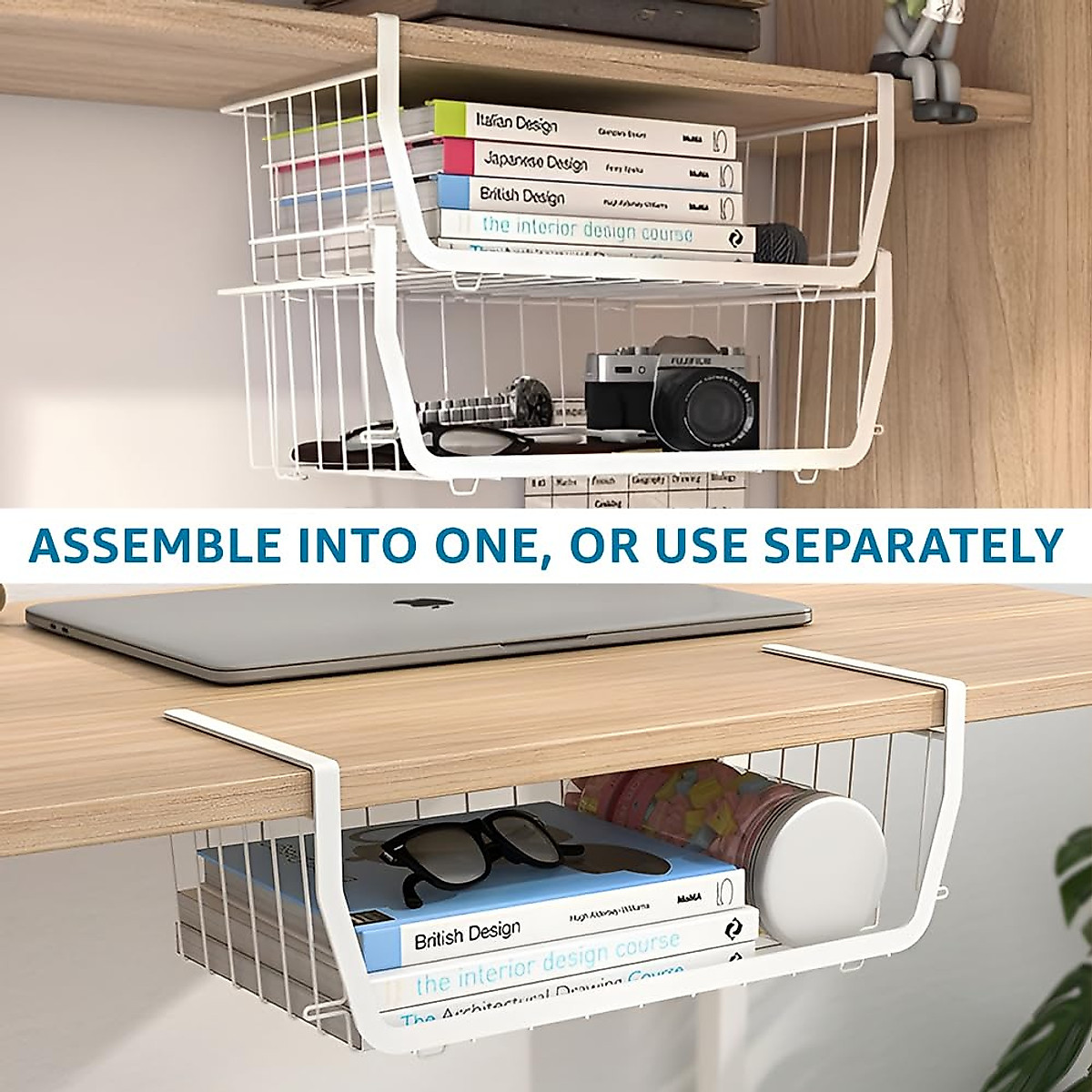 2 Pack Under Shelf Basket, Metal Wire Undershelf Storage Baskets for Cabinet Thickness Max 1.2 inch, Space Saving Hanging Organization for Cupboard Kitchen Counter Pantry Bookshelf, Chrome