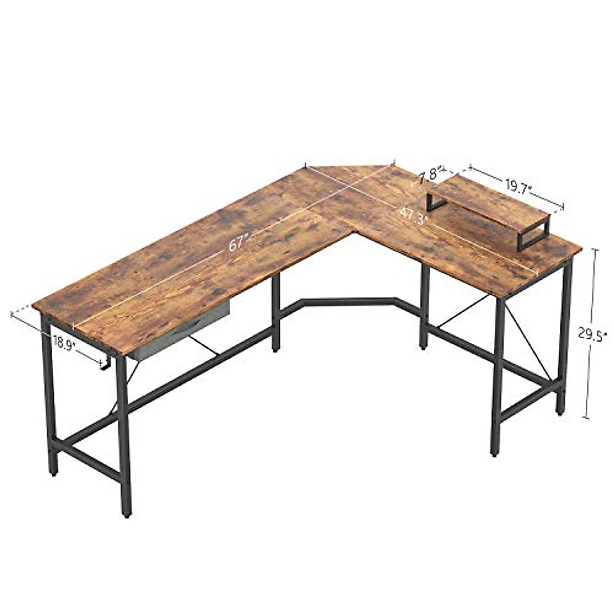 BANTI 67 inch L Shaped Desk Computer Corner Desk, Home Office Gaming Table, Sturdy Writing Workstation with Small Table, Brown