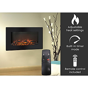 Hanover Fireside 30'' Black Wall Mounted Electric Fireplace with Driftwood Log Display and Realistic Flame, Modern Wall Fireplace Heater with Remote Control for Home, Living Room, Office