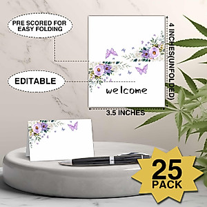 Butterfly Place Cards, Boho Floral Table Place Card For Birthday Baby Shower Dinner Wedding, Purple Tent Name Place Cards For Table Setting, 25 Pack(02)