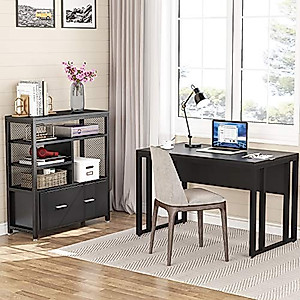 Tribesigns Wood Lateral File Cabinet with Drawer for Letter Size, Large Modern Filing Cabinet Printer Stand with Metal Wire Open Storage Shelves for Home Office (Black)