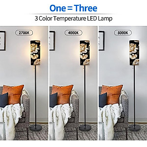 Modern Standing Lamps floral Gold Peony Hydrangea Rose flowers leaves a Minimalist Floor Lamp Metal Pole Lamp with Linen Lampshade for Bedroom Living Room Office Nursery Reading Foot Switch