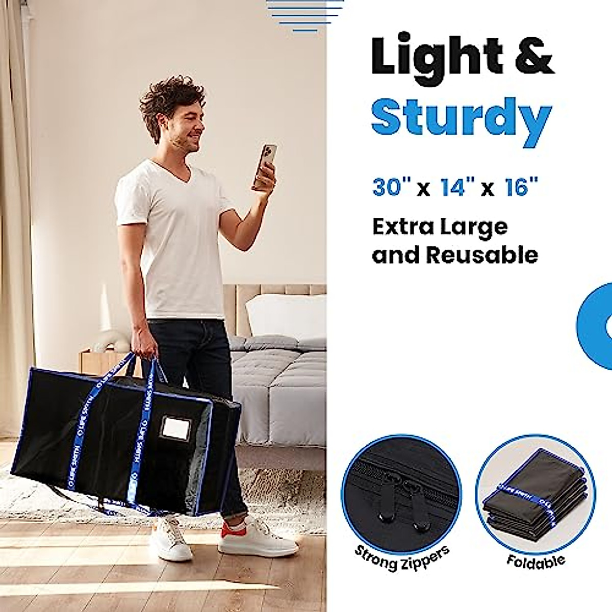 Clothing Storage Bags with Zipper - 4 Pack of Heavy Duty Moving Bags Extra Large - Dorm Storage Moving Tote Bag - Packing Bags for Moving Dorm Room Essentials, Pillows, Bedding & Blankets