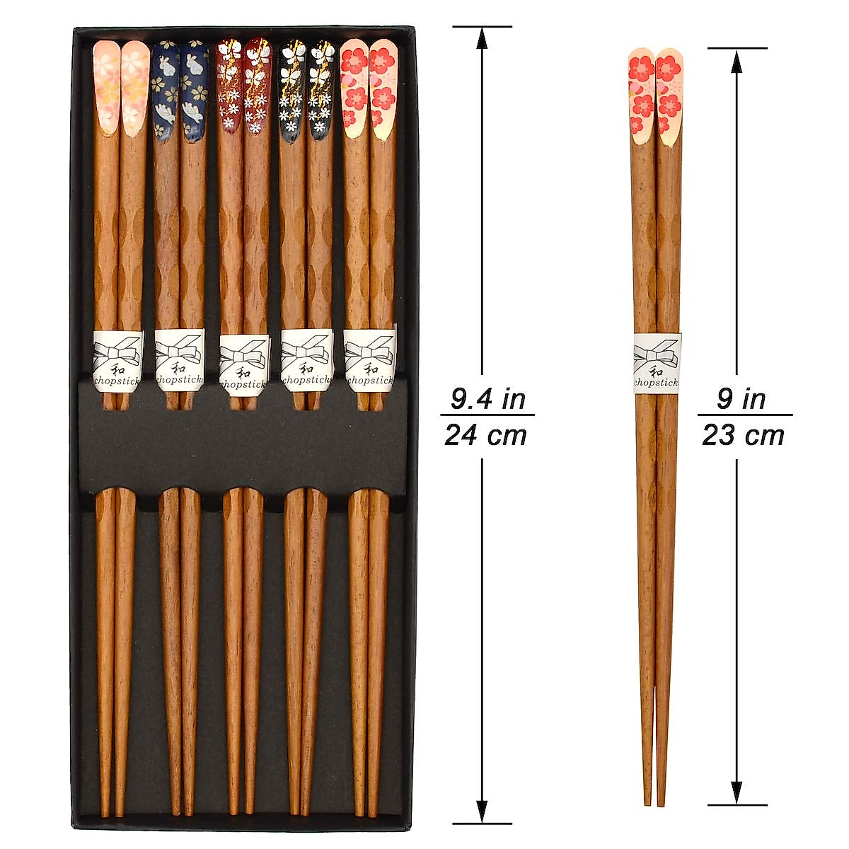 OMyTea Chopsticks Reusable - Japanese Wooden Chopsticks 5 Pairs Gift Sets, 9 Inch/23cm, for Sushi, Ramen, Noodles, Rice, Camping, Travel (Sakura Nails)