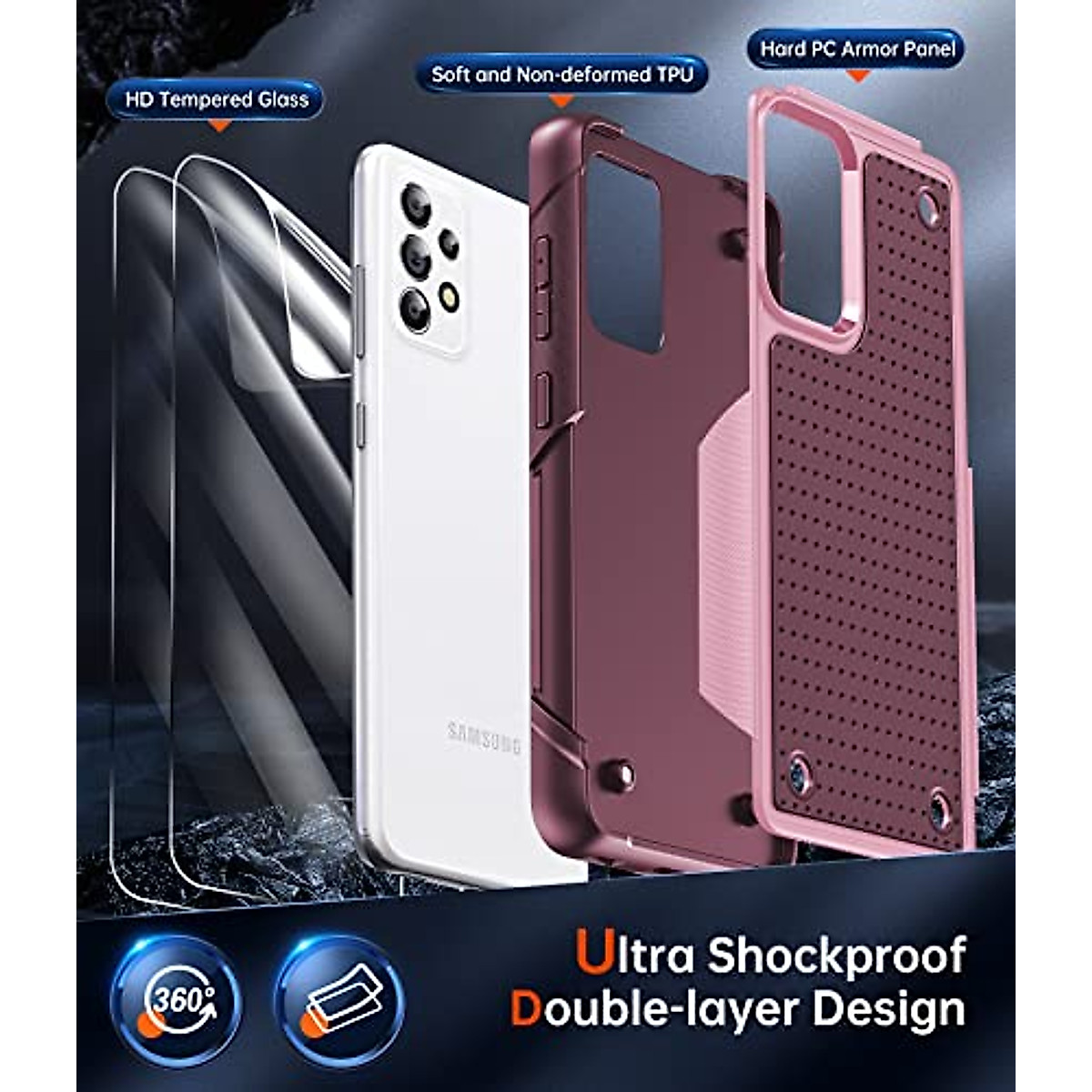 LeYi for Samsung A52 Case, A52 Samsung Phone Case with 2 Pack Screen Protectors, Dual Layer Protective Hard PC Back & Soft Bumper Resilient Shock Absorb Phone Case for Galaxy A52 5G, Red Pink