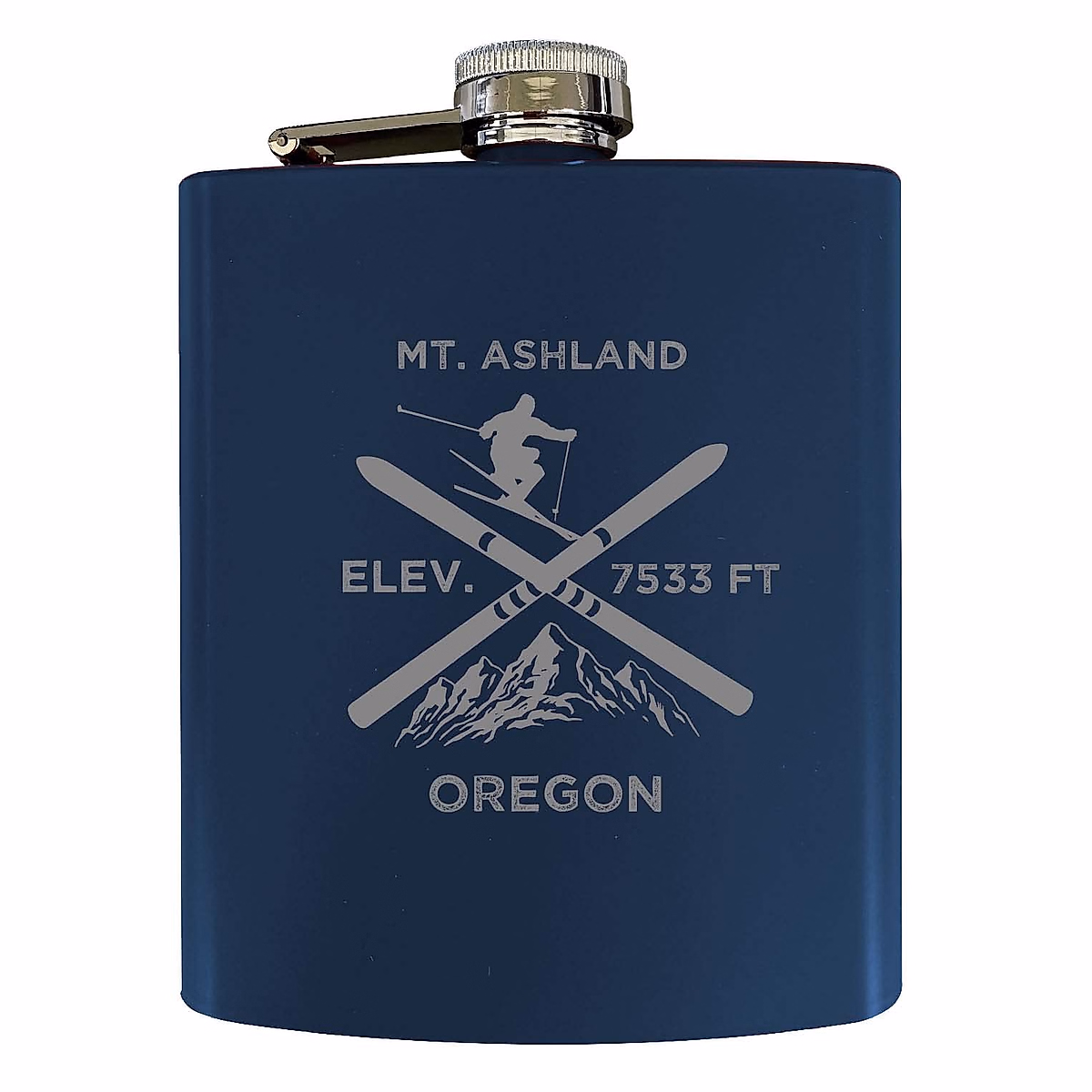 R and R Imports Mt. Ashland Oregon Ski Snowboard Winter Adventures Stainless Steel 7 oz Flask Navy
