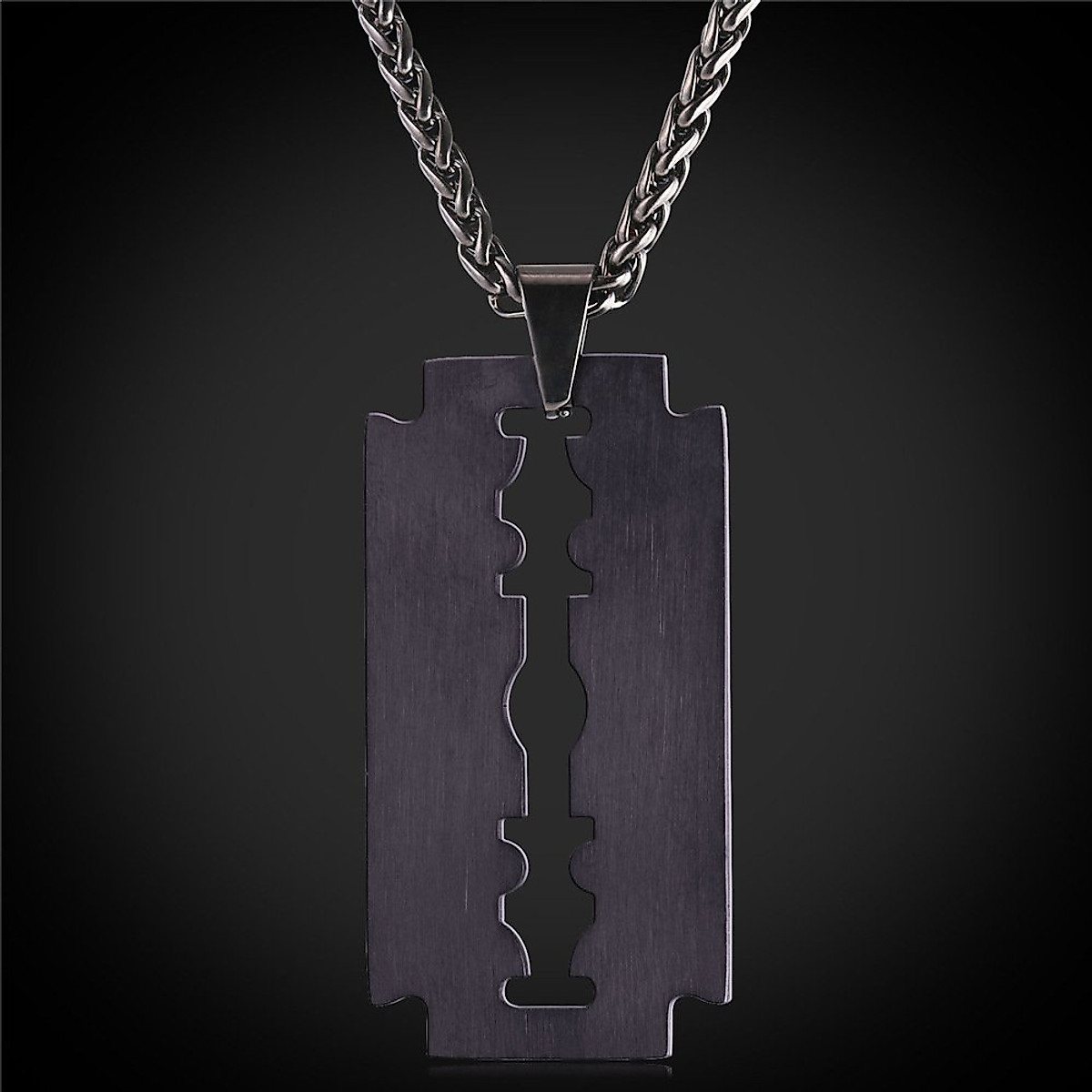 U7 Punk Jewelry Edgy Necklace with Black Wheat Rope Chain Ion Plating Black Men Razor Blade Pendant