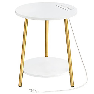 HOOBRO Round End Table with Charging Station, 2-Tier Small Side Table, Circle Accent Table for Living Room, Bedroom, White and Gold DW671BZ01