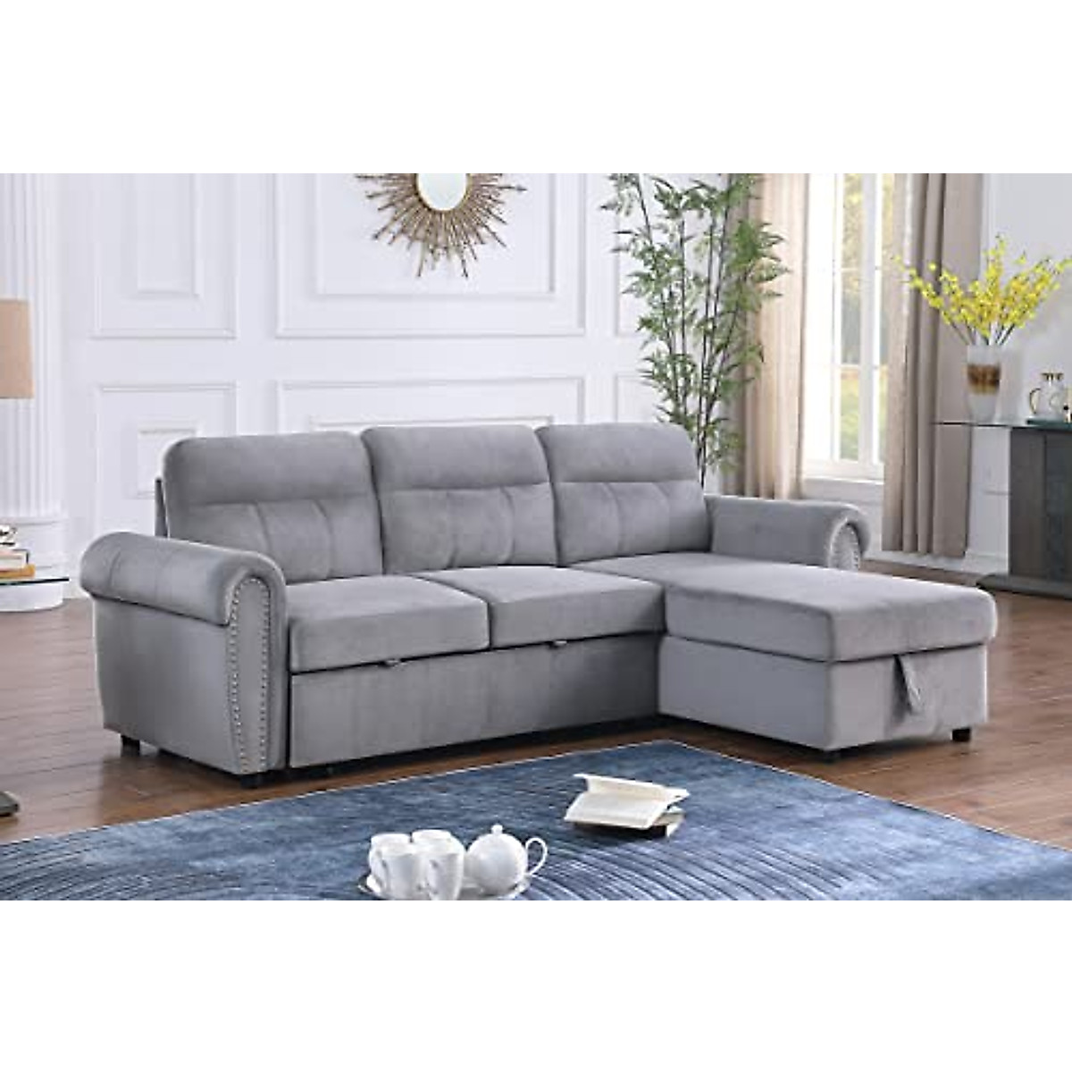 ERYE L-Shaped Oversized Reversible Convertible Tufted Sleeper Sectional Sofa with Pull Out Sleeper Couch Bed,Nailhead Decor Armrests and Storage Chaise for Living Room, Grey Velvet Sofabed