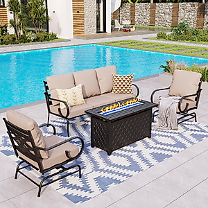 GREEN PARTY 4-Pieces Patio Furniture Set, Outdoor Metal Patio Conversation Set with Fire Pit Table, Patio Sofa with Cushions, Beige