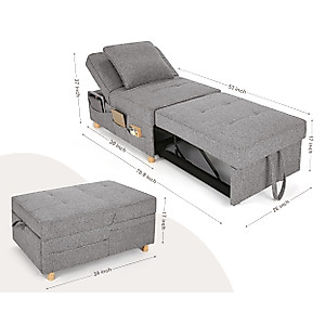 SEJOV Convertible Sofa Bed, 4-in-1 Sleeper Sofa Chair Bed with 6 Adjustable Backrest and Pillow,3-Seat Folding Ottoman Couch Bed Linen for Bedroom Small Space Living Room Office, Grey
