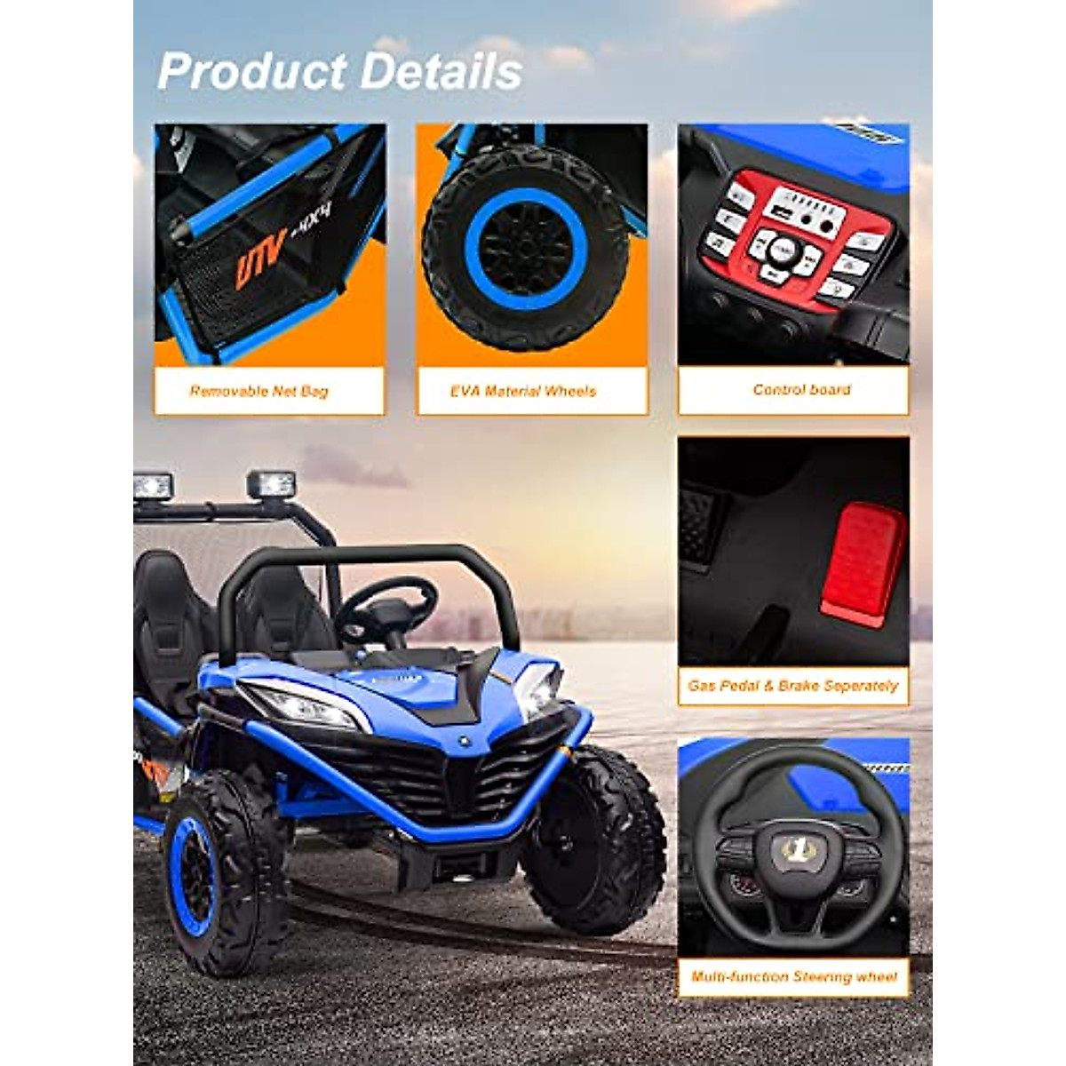 OTTARO 24V 10AH Ride on UTV Cars 2 Seater, Electric Cars Vehicles for Kids Teens,Metal Frame,EVA Wheels, 2x200W Powerful Motors, 20” Large 2 Seats, Bluetooth, Remote Control, Max Speed 4.7Mph(Blue)