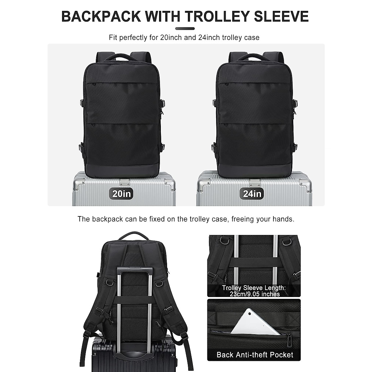 VGCUB Carry on Backpack,Large Travel Backpack for Women Men Airline Approved Gym Backpack Waterproof Business Laptop Daypack with Shoe Compartment, Black