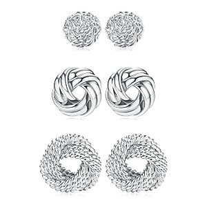 FIBO STEEL 3 Pairs Gold Knot Earrings For Women Men 14K Gold Plated Woven Ball Stud Earrings Simple Post earrings For Women Silver Tone