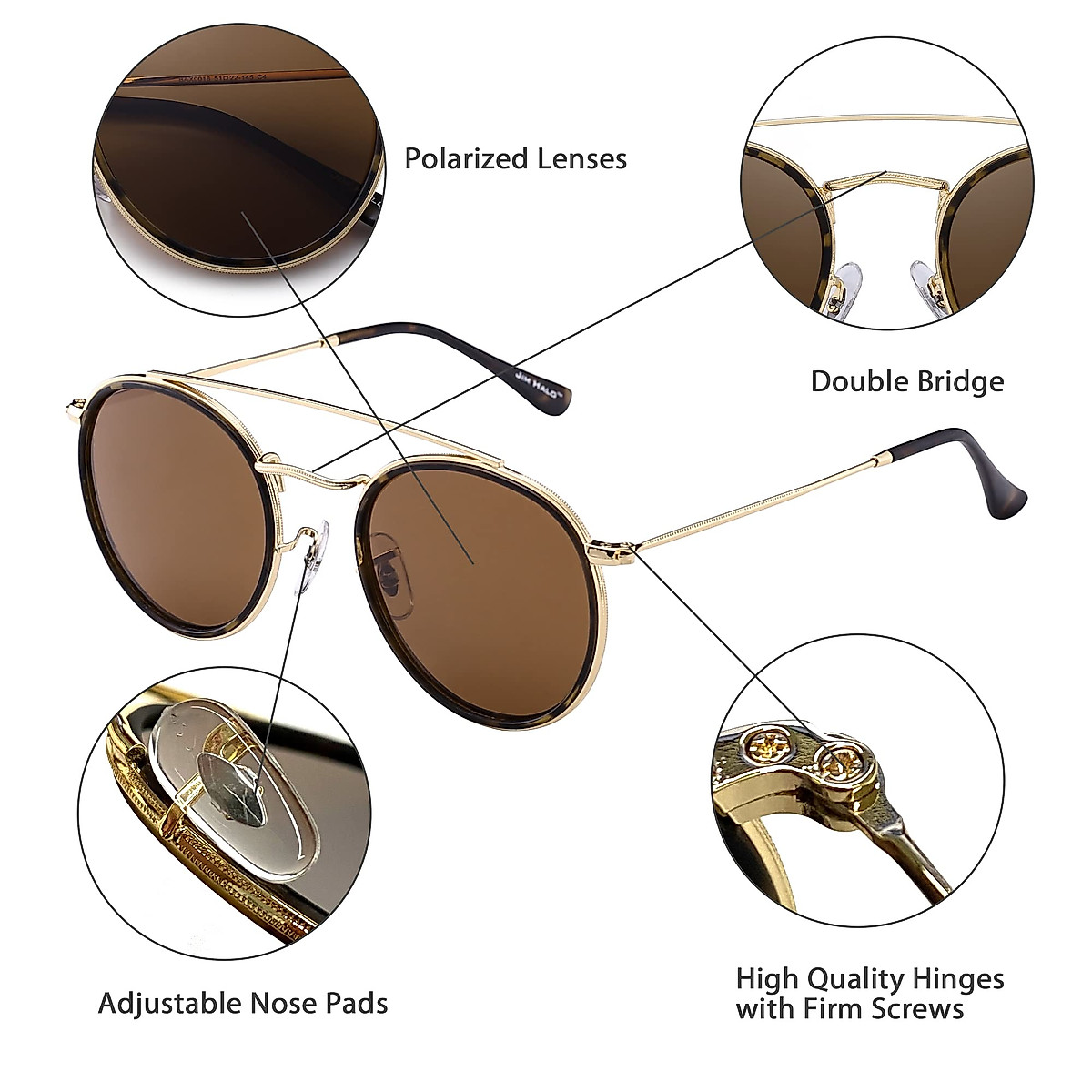 JIM HALO Small Polarized Round Sunglasses for Men, Women Vintage Double Bridge Frame (Gold Frame/Polarized Brown Lens)