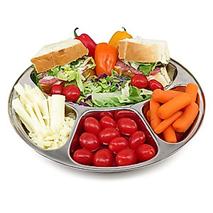 Lifestyle Block Stainless Steel Divided Plate: 4 Section Mirrored Round Plate for use as Plate or Platter