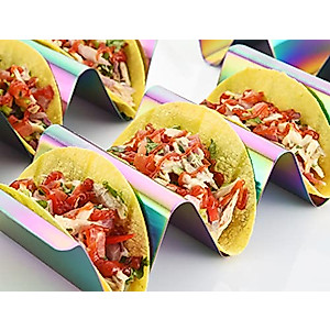 Taco Holder Set of 4 -Taco Tuesday Taco Stand Tray by Titanium Plated Stainless Steel-Perfect for Burritos Nachos Fajitas-Beautiful Colors