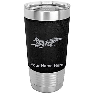 LaserGram 20oz Vacuum Insulated Tumbler Mug, Fighter Jet 1, Personalized Engraving Included (Faux Leather, Black)